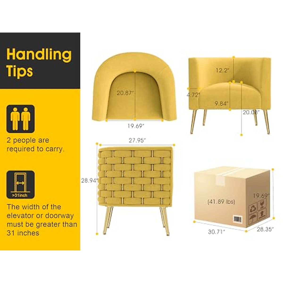 Dewhut Modern Velvet Barrel Accent Chair, Comfy Wide Handmade Woven Bucket Arm Chair, Fluffy Tufted Upholstered Single Sofa Chair for Living Room, Bedroom, Office, Waiting Room(Yellow)