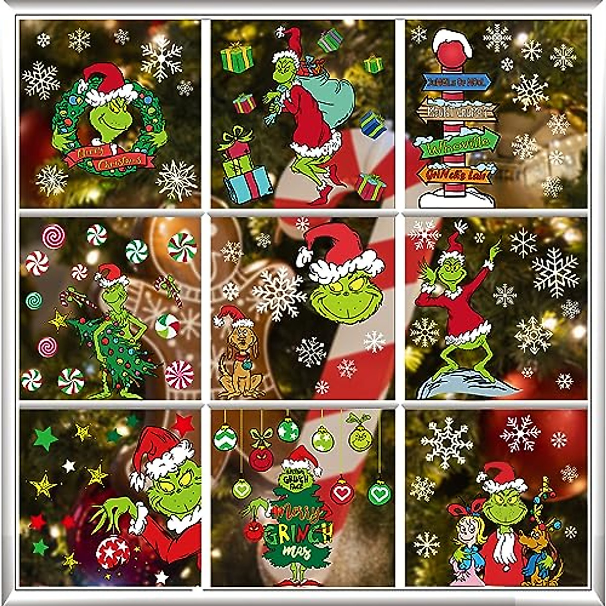 100 PCS Christmas Window Clings - Christmas Window Clings for Glass Windows,Christmas Elf Faces Window Stickers with Snowflake,Double Sided Static Window Clings for Christmas Window Decals(9 Sheets)