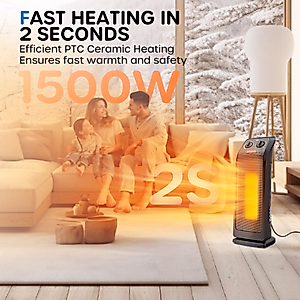 ECOWELL 18" Tower Heater for Indoor Use, 1500W Fast Heating Ceramic Electric Heater with Thermostat, 3 Modes, Tip-Over Protection, 60° Oscillating Portable Space Heater for Office Bedroom EHT180