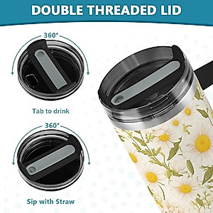 linqin White Daisys Vacuum Insulated Tumbler with Lid and Straw 40 oz Stainless Steel Water Bottle Wide Mouth Travel Coffee Mug with Handle for Home, Office or Car