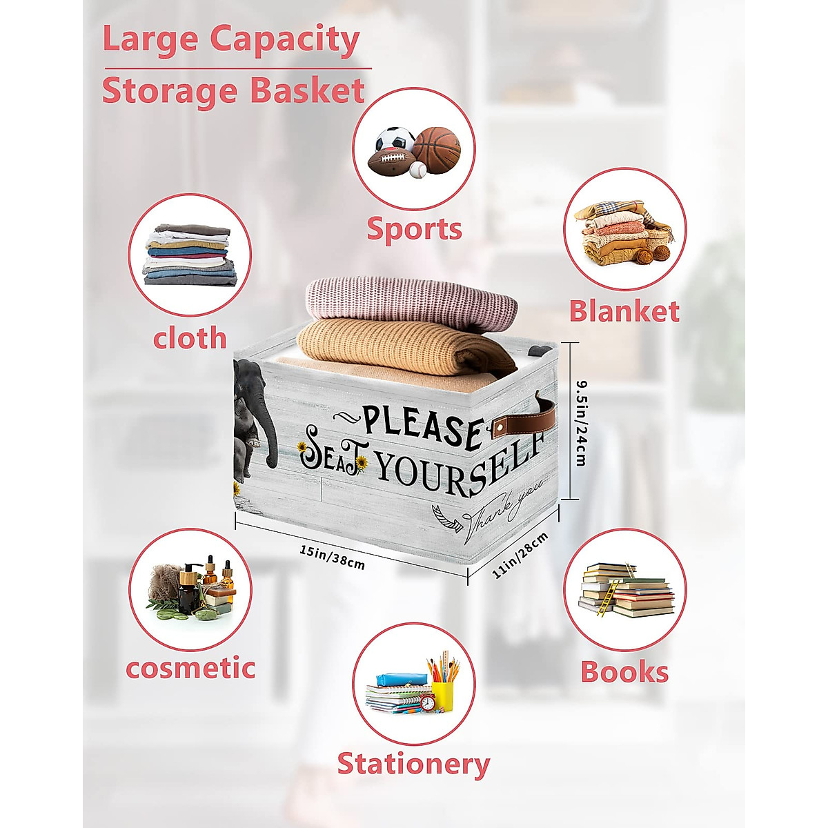 Storage Bins Cubes Waterproof Cloth Storage Basket, Elephant Sitting on Toilet Please Seat Foldable Storage Bags Closet Clothes Storage Organizers with Handles 15x11x9.5 in Rural Sunflower Wood