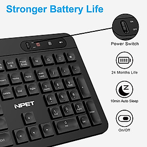 NPET WK20 Wireless Keyboard for Windows, 2.4 GHz Wireless, Full-Size, Number Pad, 14 Multimedia Keys, 2-Year Battery Life, Compatible with PC, Laptop