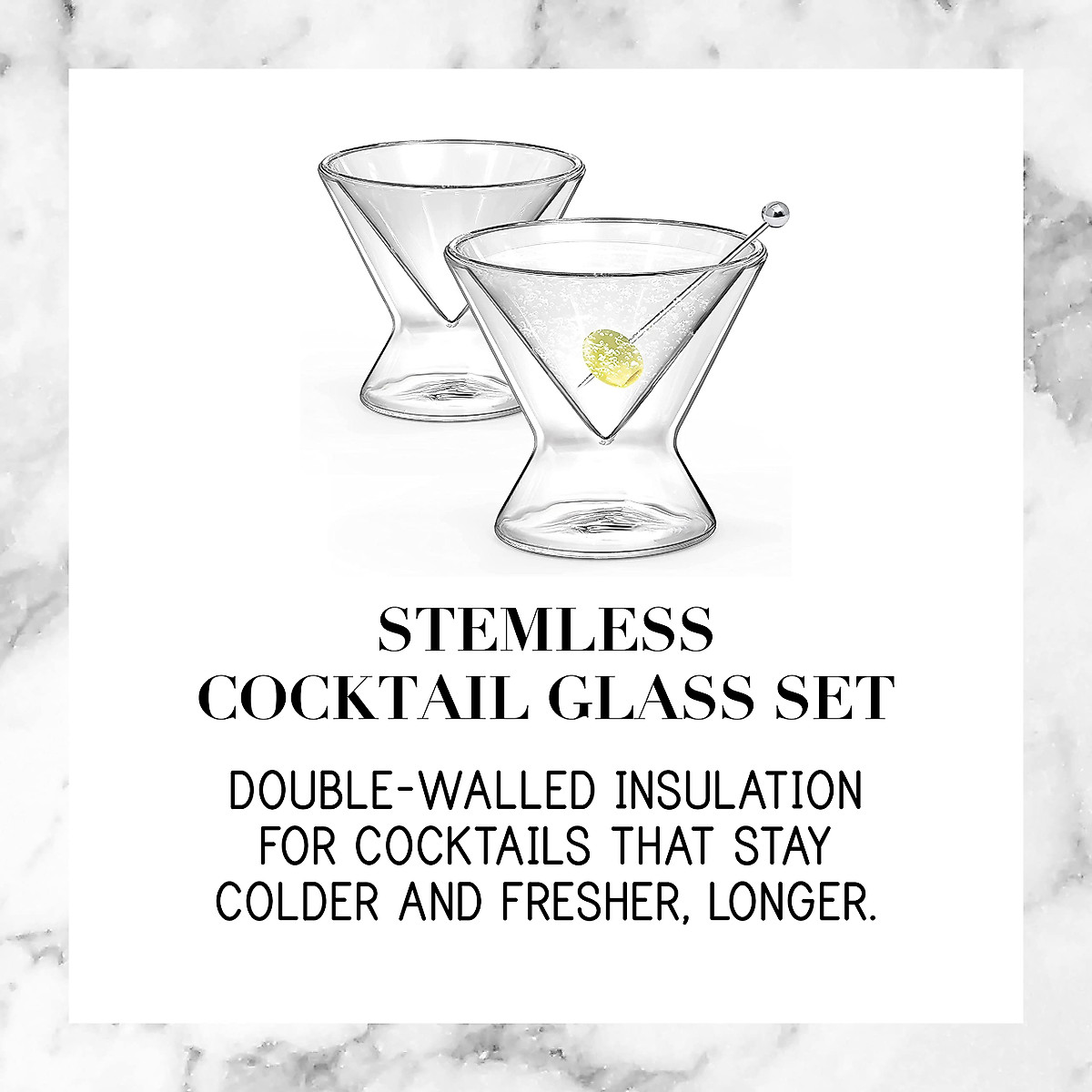 Double-Walled Martini Glasses Set of 2 (6.5 oz) - Stemless Martini, Cocktail, Bar, Cosmopolitan Glasses - Insulated martini glass glassware sets for mixed drinks, men's birthday, fathers day gift
