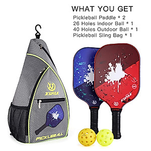 XS XSPAK Pickleball Paddles Set of 2 with Bag, Premium Graphite Craft Pickleball Paddles Set Including Backpack,1 Indoor Balls and 1 Outdoor Balls,Lightweight Pickleball Rackets,Polymer Honeycomb Core