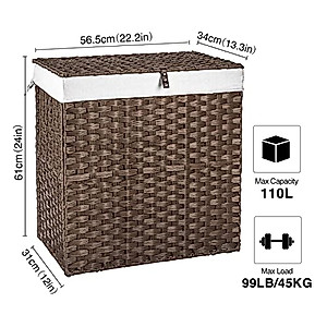GREENSTELL Laundry Hamper with lid, No Install Needed, 110L Wicker Laundry Baskets Foldable 2 Removable Liner Bags, 2 Section Clothes Hamper Handwoven Synthetic Rattan Laundry Basket with Handles, Brown 22.2x13.3x24.0 Inches