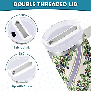 Emelivor Berries Leaves Stripes 30 oz Tumbler with Lid and Straw Insulated Tumblers with Handle Leak Proof Travel Coffee Mug Water Cup Bottles Fits in Car Cup Holder