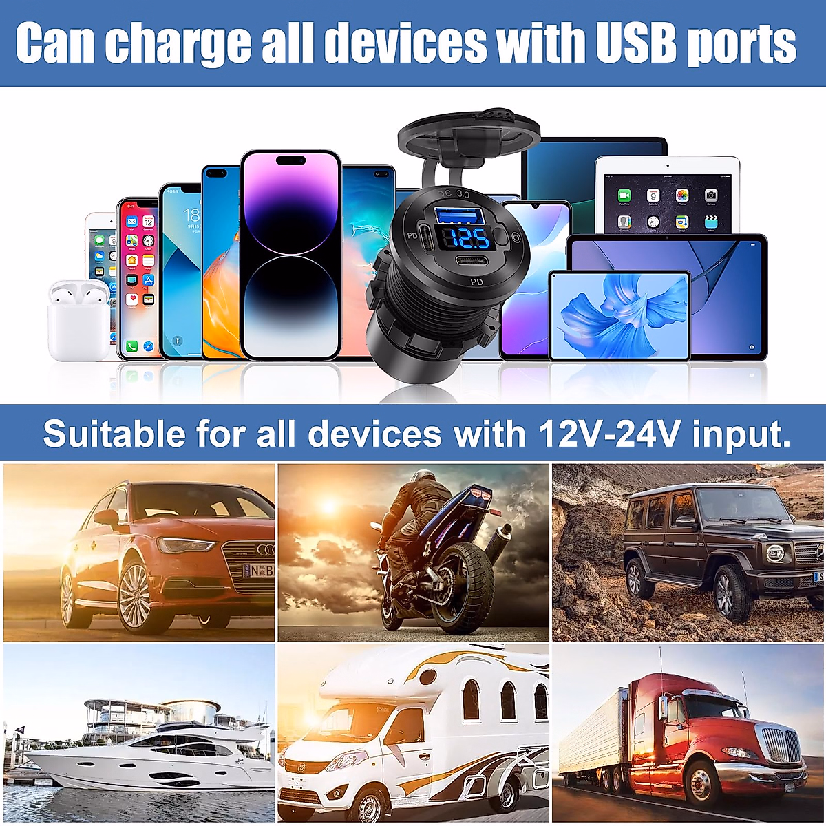 12V USB Car Socket Round USB C 12V Outlet, 3-Port Marine USB Fast Charger Waterproof Cigarette Outlet USB Replacement Aluminum with Switch & Voltmeter, Suitable for Boat Golf Cart RV Motorcycle Truck