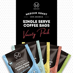 Mondo Single Serve Coffee Bags (20 Cups) Variety Pack - Organic, Medium Roast - Disposable, Portable Coffee Filters for Camping and Travel, Sampler Box of 5 Ground Coffee Flavors