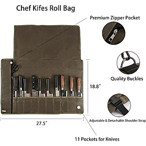 Knife Roll ,Chef’s Knife Roll Bag, Waxed Canvas Knife Cutlery Carrier, Portable Chef Knife Cases, Knife Roll Holders With 10 Slots Plus 1 Zipper Pockets Can Hold Home Kitchen Knife Tools Up To 18.8”