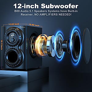 Bobtot Surround Sound Systems 1400 Watts Peak Power Home Theater Speakers - 12" Subwoofer Strong Bass 5.1 Wired Loud Stereo Audio System with Bluetooth HDMI ARC Optical Input for TV