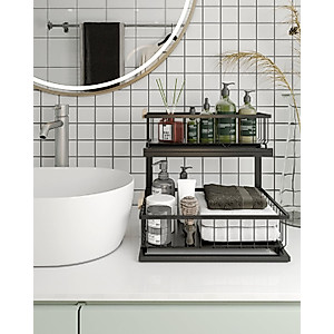 Lefipor Under Sink Organizer L-shaped. 2 Tier Pull Out Cabinet Organizer. Metal Sliding Shelf Storage. Slide Out Under Sink Storage Organizer for Kitchens, Bathrooms-Black