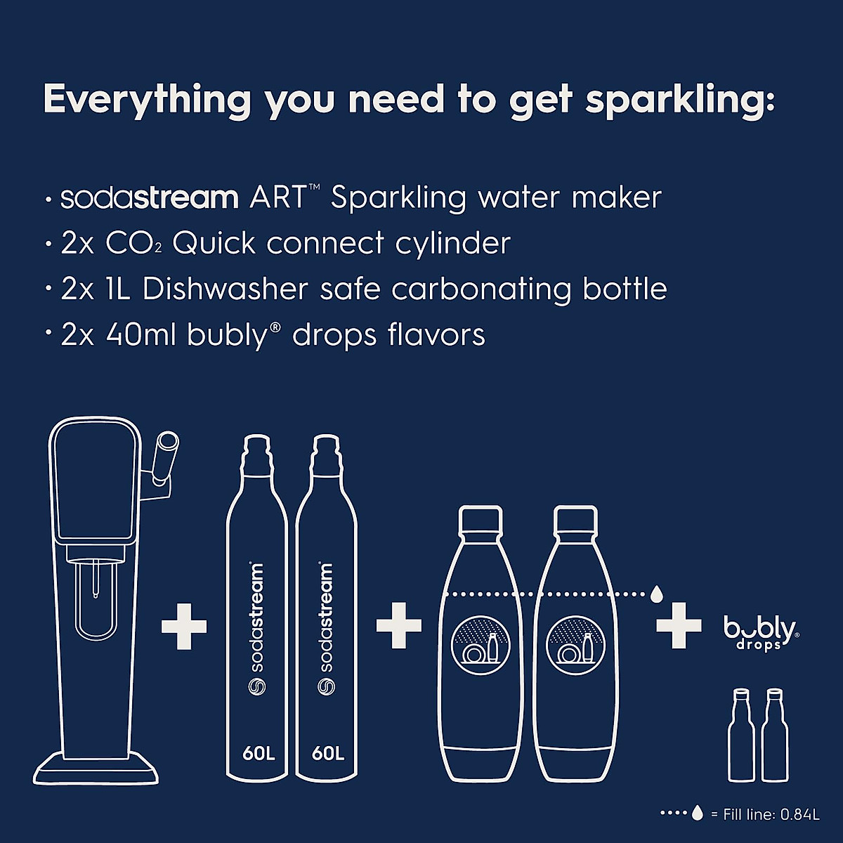 SodaStream Art Sparkling Water Maker Bundle (Black), with CO2, DWS Bottles, and Bubly Drops Flavors