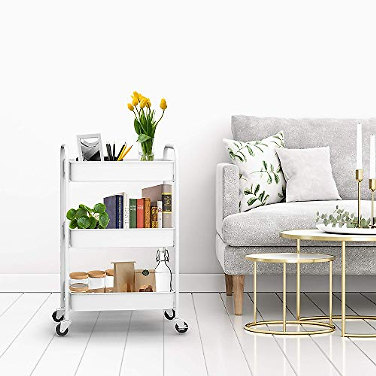 CAXXA 3-Tier Rolling Metal Storage Organizer - Mobile Utility Cart Kitchen Cart with Caster Wheels, White