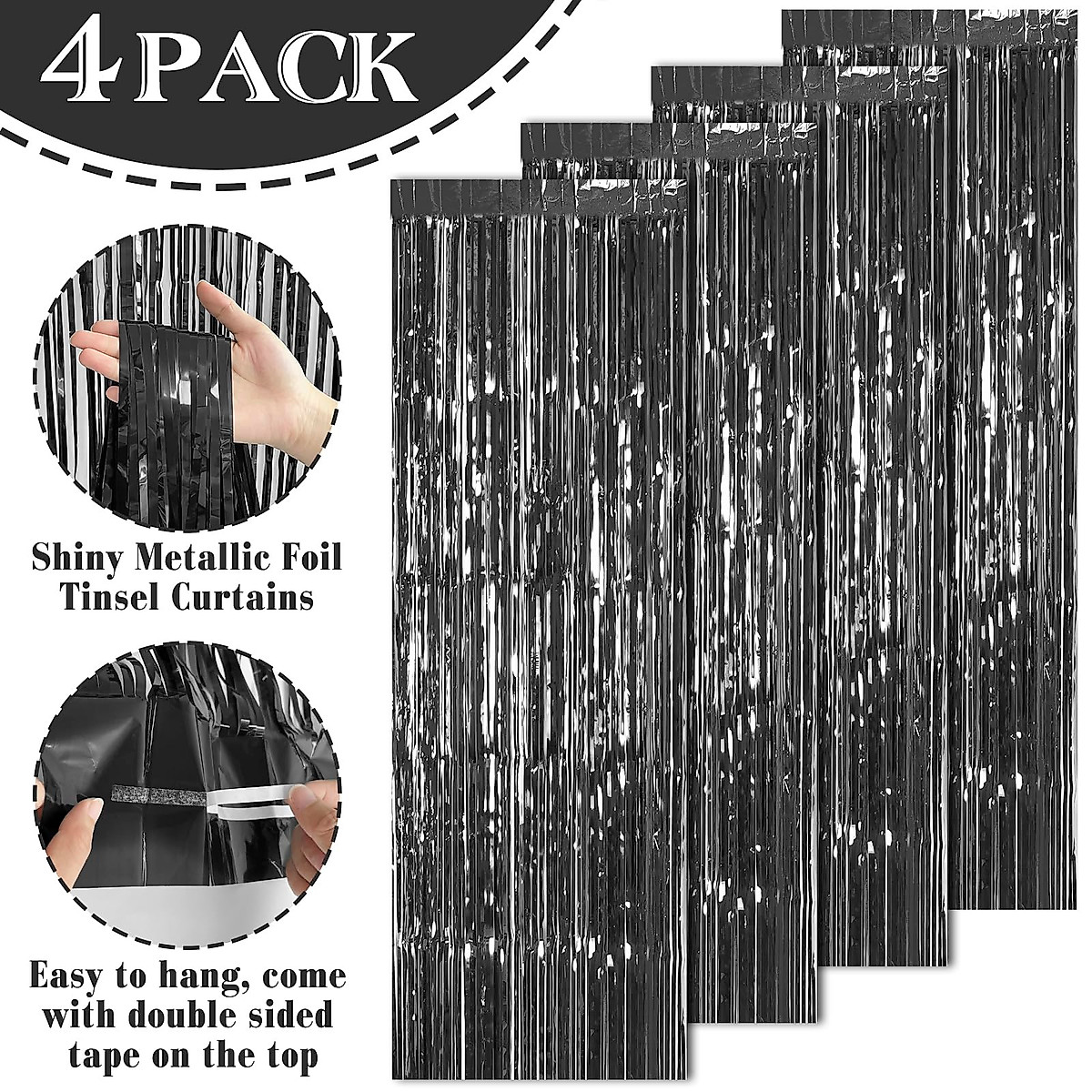 MEEZY 4Pack 3.2ft x 8.2ft Black Foil Fringe Curtains Backdrop Metallic Foil Tinsel Streamers with Black Balloons for Graduation Bachelorette Baby Shower Wedding Birthday Bridal Shower Party Decor