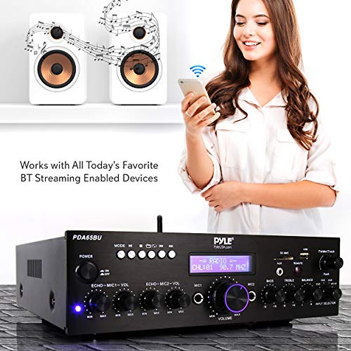 Pyle Wireless Bluetooth Power Amplifier System - 200W Dual Channel Sound Audio Stereo Receiver w/ USB, AUX, MIC IN w/ Echo, Radio - For Home Theater Entertainment via RCA, Studio Use - PDA65BU,Black