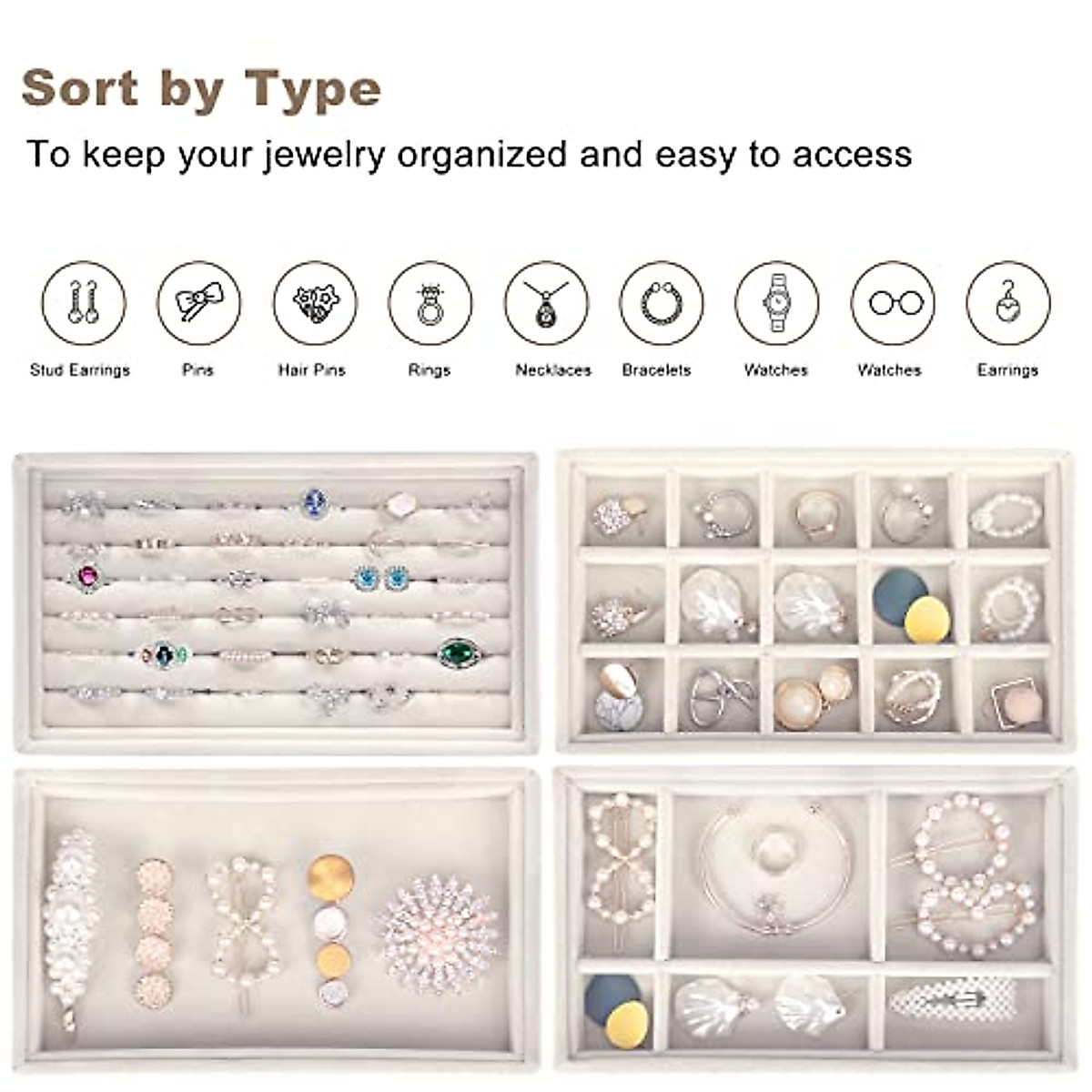 Mebbay Acrylic Jewelry Box with 4 Drawers, Velvet Jewelry Organizer for Earring Necklace Ring & Bracelet, Clear Jewelry Display Storage Case Gift for Woman, Girls Beige White 9.4"x5.3"x7.7"