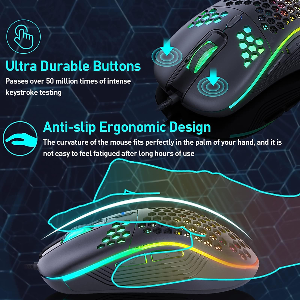 VEGCOO Honeycomb Wired Gaming Mouse, Ergonomic and Lightweight Computer Mouse with 6 Level DPI, Colorful Led Lights, 6 Programmable Buttons Gaming Wired Mice for Windows PC & Laptop Gamers (C32 Black)