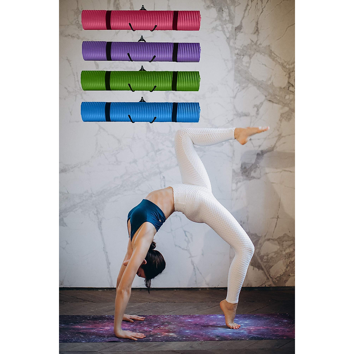 Pack of 4, Kesywale Yoga Mat Foam Rollers Wall Rack Wall Mount Storage Holder Shelf for Your Fitness Class or Home Gym, Adjustable Size (4)