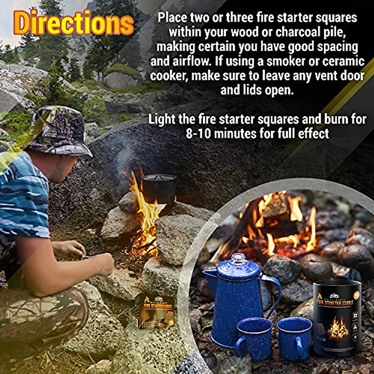 Fire Starter Cubes, Charcoal Firestarter Squares for Lighting Fireplace, Wood Stove, Grill, Campfire, BBQ Smoker Pit – Mini Nontoxic Waterproof Fire Starting Bricks for Camping, Survival (100PK)