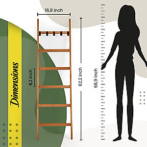 Blanket Ladders for The Living Room - 62 Inches - Decorative Ladder for Blankets, Throws, Quilts - 6 Tiers Ladder Blanket Holder with Hooks, Non-Slip Pads - Black, Grey, White, Brown (Black)