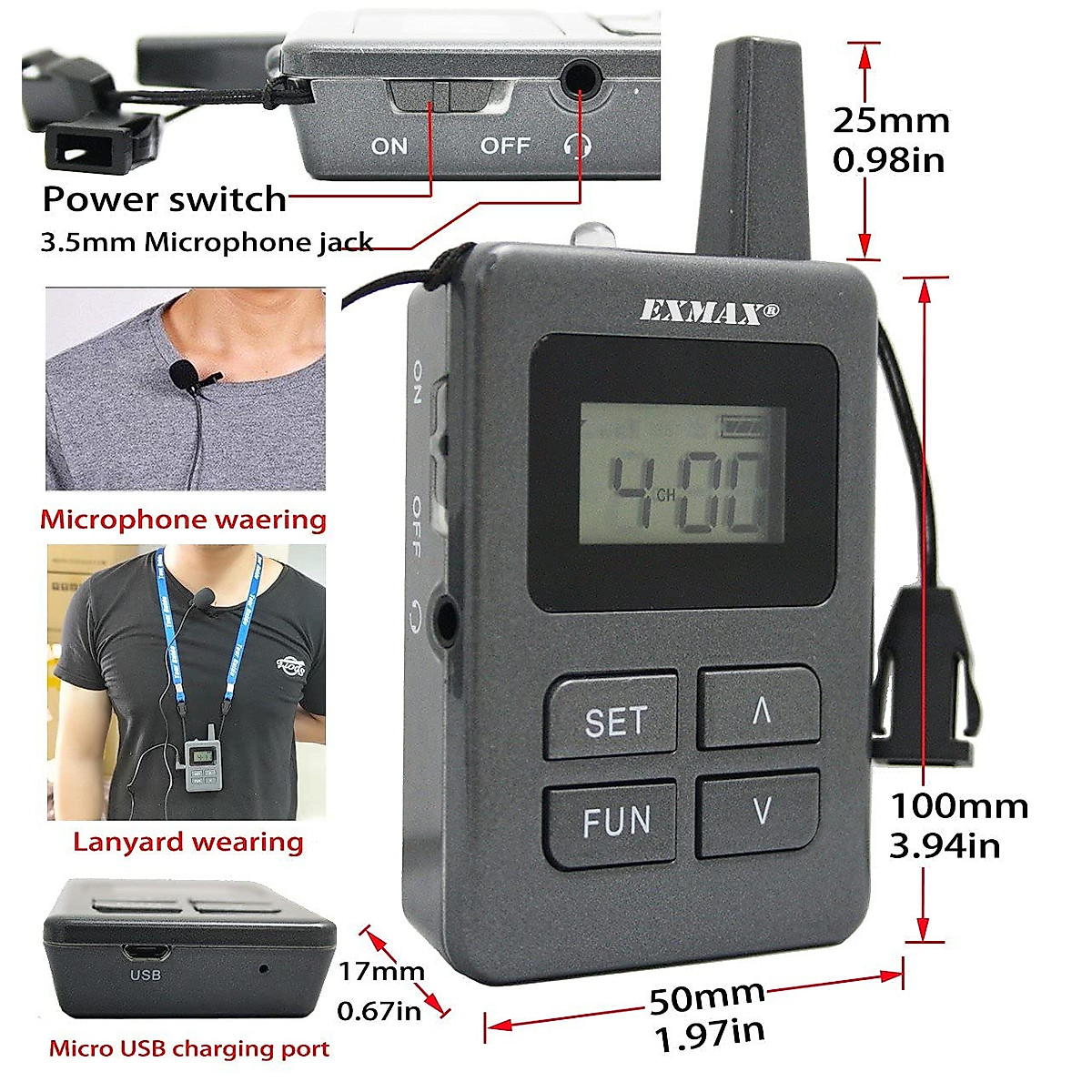 EXMAX ELGT-470 UHF Wireless Tour Guide Church Translation Equipment Voice Transmission 100 Channels Microphone Headset for Simultaneous Interpreting Interpretation Teaching(1 Transmitter 3 Receivers)