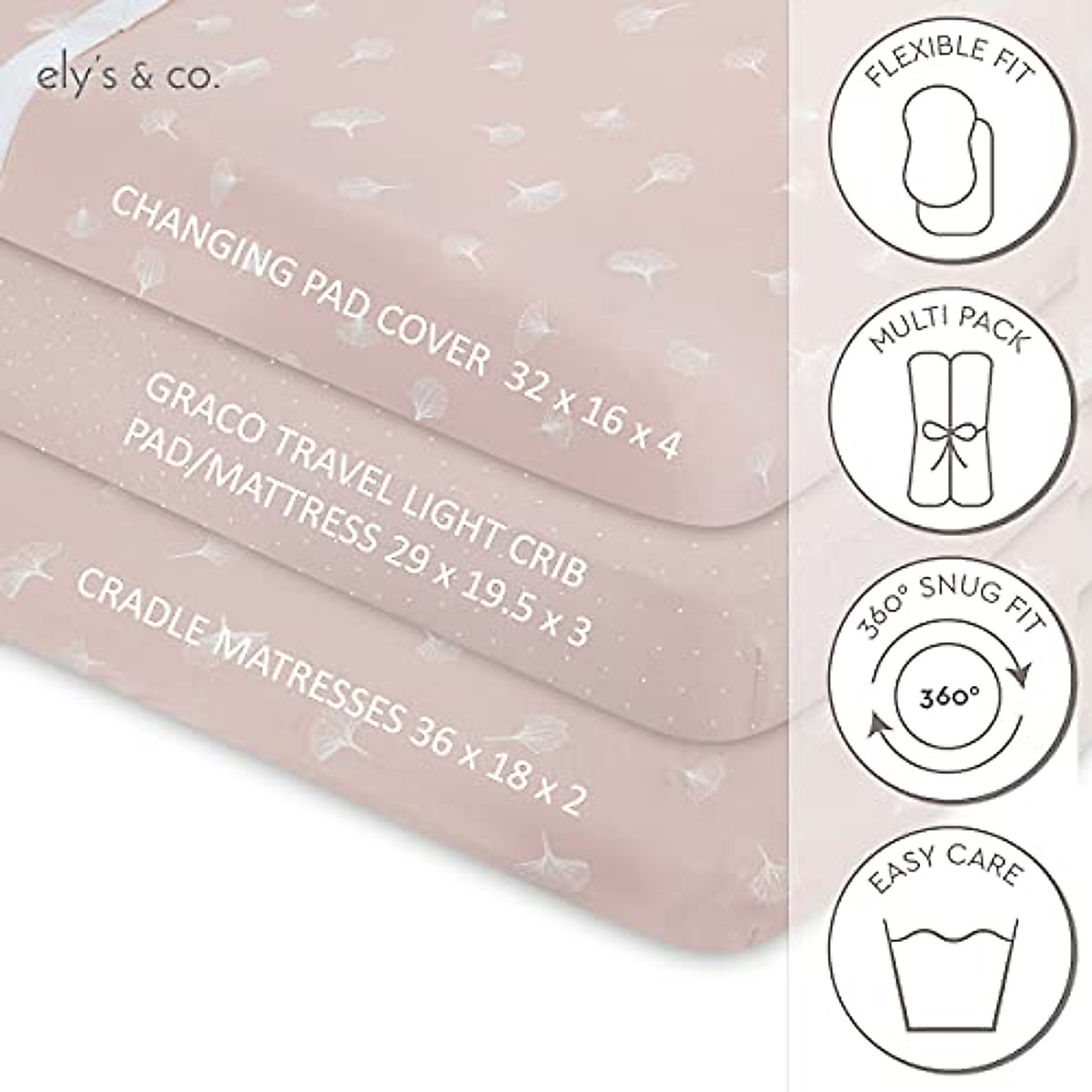 Ely’s & Co. Changing Pad Covers│Cradle Sheets 2-Pack — Combed, 100% Jersey Cotton for Baby Girl — Rosewater Pink, Pin Dots & Gingko Leaves