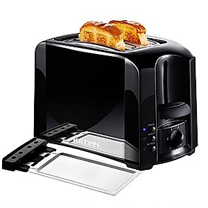 KETIAN Toaster 2 Slice Small Compact Electric Bread Black Tosterster，6 Toast Settings, Cancel, Reheat, Defrost Functions, Removable Crumb Tray, 800W(Black）