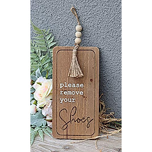 Parisloft Please Remove Your Shoes Wood Wall Plaque with Wooden Bead String Hanger,Cute and Rustic Country Style Home Accessory Gift Sign for Hallway, Entrance or Foyer