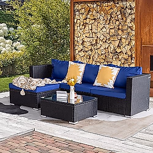 PAOLFOX 5 Piece Modern Patio Conversation Sets, Wicker Patio Furniture, Black/Blue