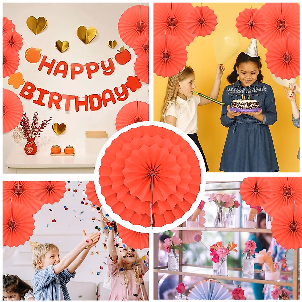 CEEYSEE Pack of 6 Hanging Paper Fans Party Round Decoration Paper Fans for Tea Party Birthday Bridal Wedding Baby Graduation Events (Red/SHOS)