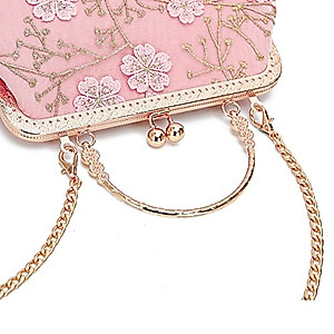 Rejolly Women Vintage Kiss Lock Clutch Handbag Floral Evening Purse Crossbody Shoulder Bag with Chain Strap (Pink)