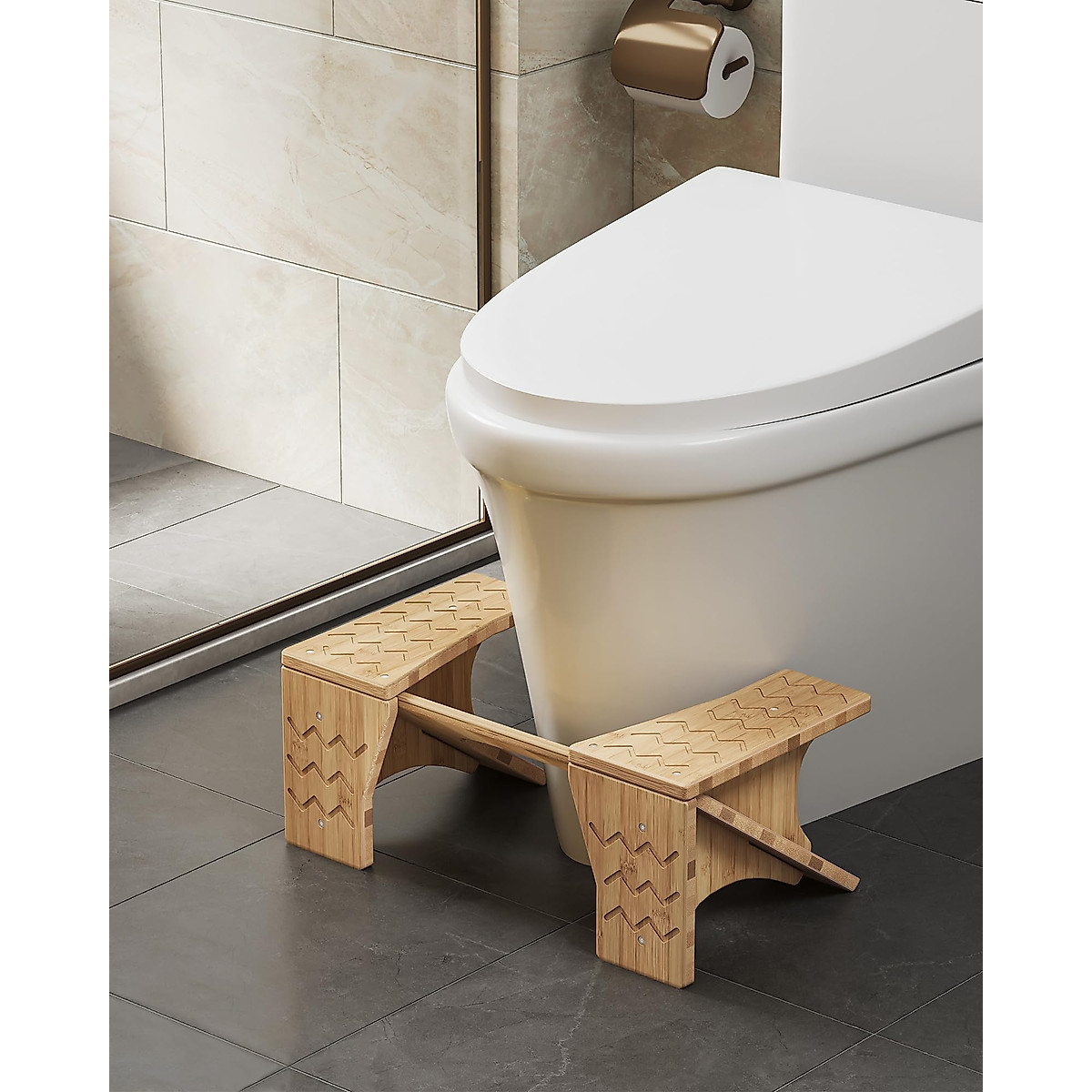 SONGMICS Bamboo Toilet Stool, Adjustable Poop Stool with Non-Slip Grooves, Height Convertible to 6.9 or 9.5 Inches, Squat Potty Stool for Bathroom, Space-Saving, Natural Beige UBCB111N01