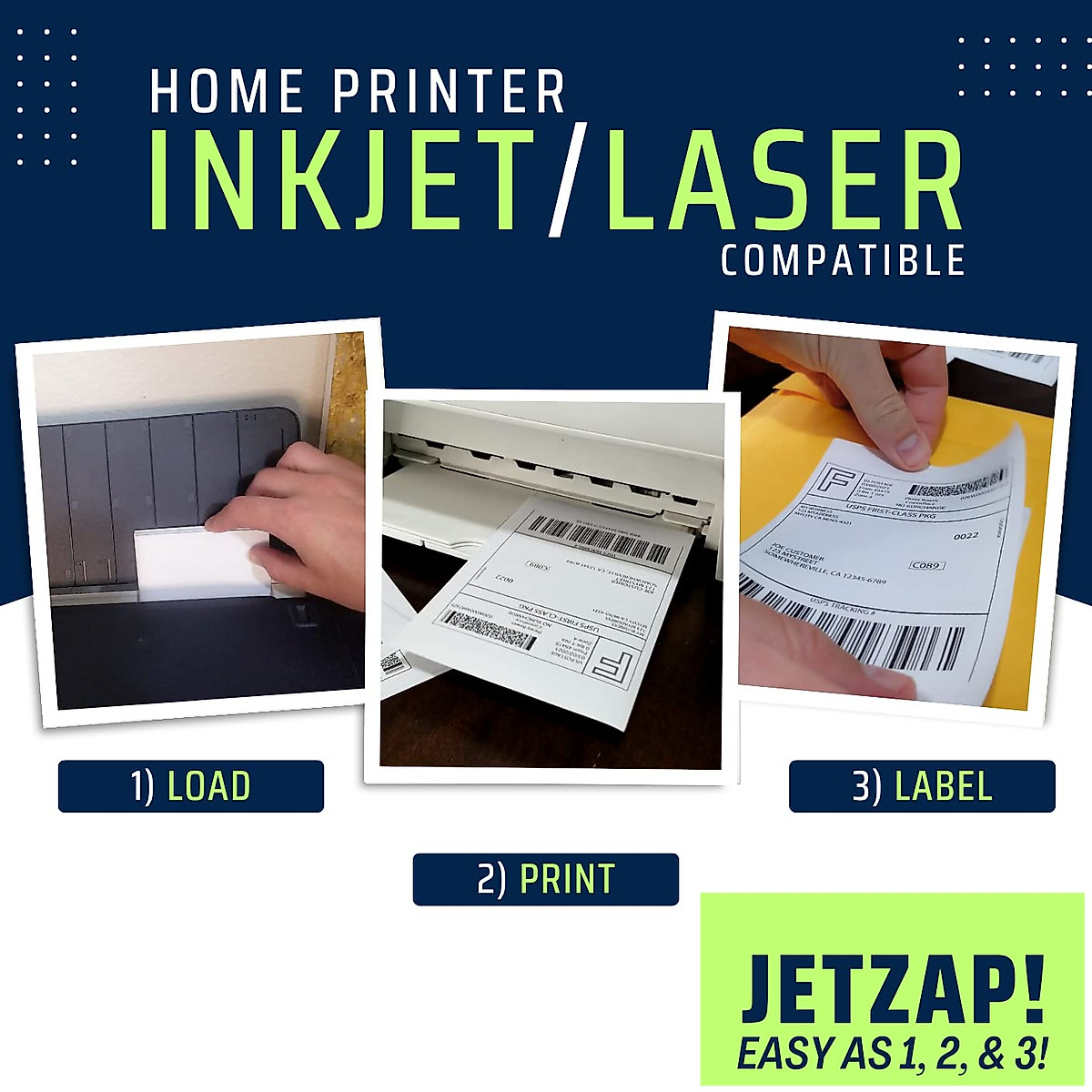 JETZAP Pre-Cut 4x6 Shipping Labels for Inkjet and Laser Printers - Just Load & Print - USPS UPS FedEx Multi-Purpose Adhesive Sticker Matte Opaque Smudge-Free Jam-Free Home Printer Compatible 120 Pack