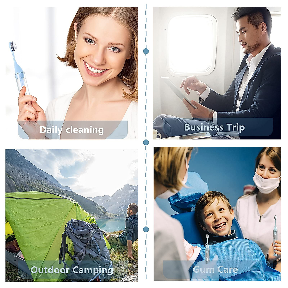 2Pcs Toothbrushes Kit Fold Travel Size Built-in Travel Toothpaste Container, Including 2 Cleaner Head Soft Bristles for Travel, Camping, School, Business Trip (Blue, White)