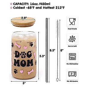 Dog Mom Gifts Beer Glass Can for Women 16oz Dog Paw Iced Coffee Cup with Bamboo Lid and Metal Straw for Dog Pets Lover Smoothie Wine Coffee Tumbler Cold Drinking Glass Birthday Gift Her Spring Summer