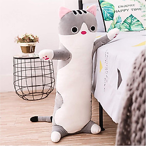 Jensquaify Long Cat Plush Pillow, Cat Stuffed Animals Body Pillow Cute Kitten Plush Hugging Pillow Toy Gifts for Kids (Gray, 19.68 inch)
