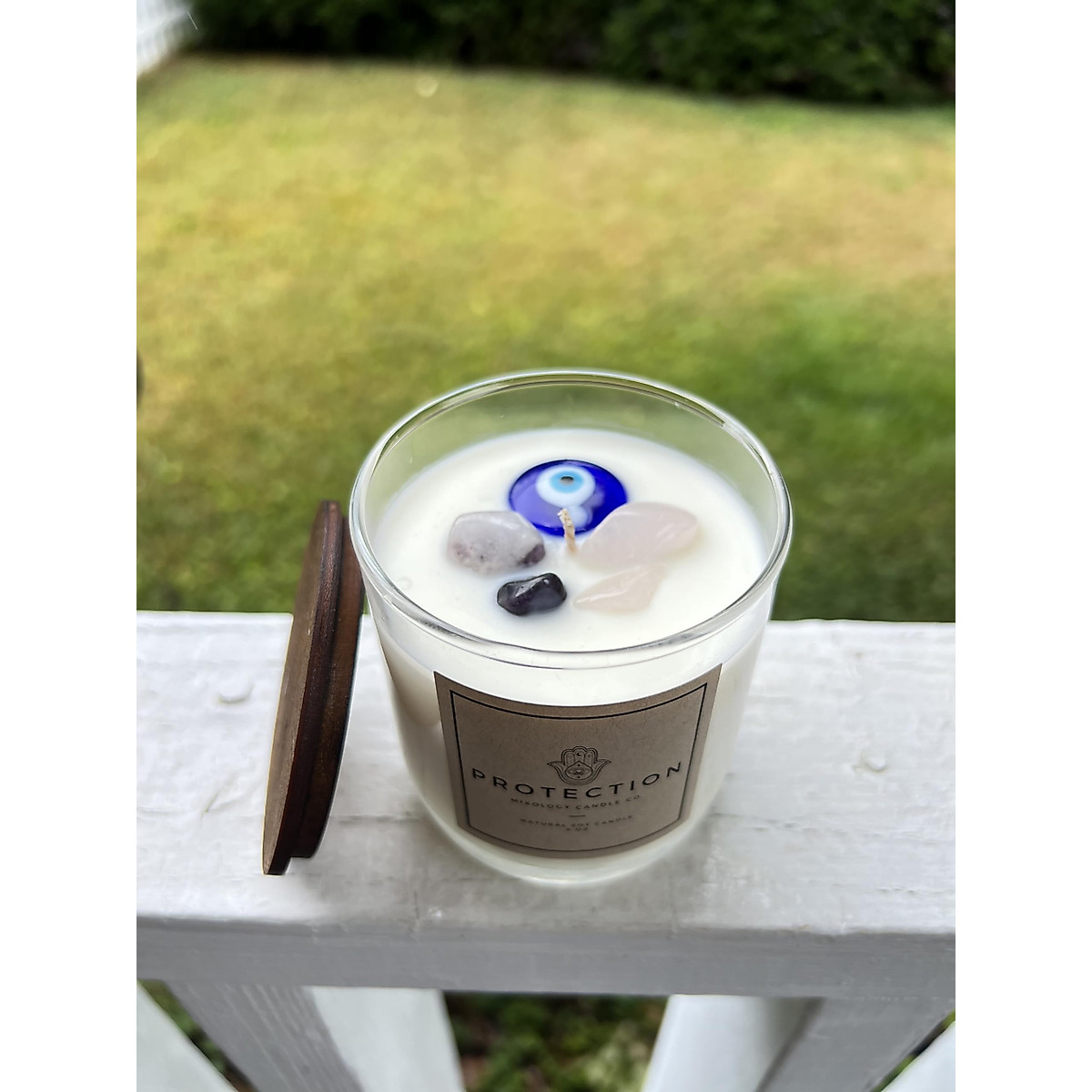 Evil Eye Protection Candle, Pink Quartz, Amethyst Infused, Lavender and Chamomile Scent, 10 oz Glass Jar with Hamsa Hand Positive Energy Beeswax and Soy Wax