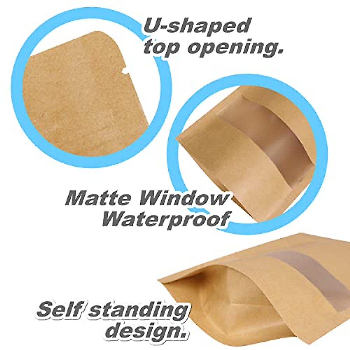 BAAGGNAA 60 Pack Ziplock Stand up Kraft Paper Bags Pouches with Front Matte Window for Food Storage Resealable Packaging Containers Household Reusable Organizer (6.3 * 9.0 Inch)