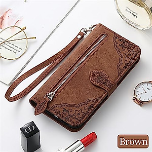 ONV Wallet Case for OnePlus N20 SE - with Zipper Wrist Strap Emboss Flower Flip Phone Case Card Slot Magnet Leather Shell Flip Stand Cover for OnePlus N20 SE[SZY] -Brown