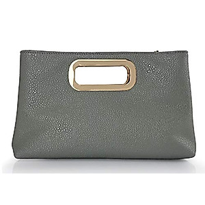 Women Glossy Patent Leather Clutch Cut Out Metal Handle Chain Shoulder Handbag (Grey)