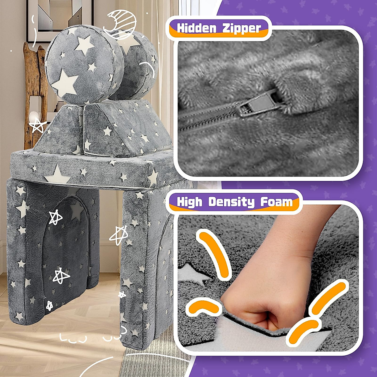 Edbuosy 12pcs Large Kids Couch, Modular Kids Play Couch for Playroom Bedroom, 12 in 1 Glow Kids Sofa for Playing, Creativing, Sleeping, Indoor Toddler Couch for Boys and Girls