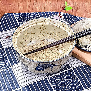 Whitenesser Ramen Bowl with Lid, Japanese Style 25.4 OZ Big Ceramic Bowl with Lid and for Soup Rice Noodle and Porridge, Microwave Oven Safety