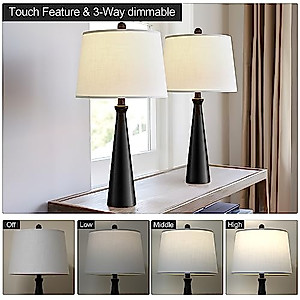 Oneach 25.75" Table Lamps Set of 2 for Living Room Bedroom, Bedside Lamp 3-Way Dimmable Touch Control, Modern Black Nightstand Light Fabric Shade Vintage Accent Style