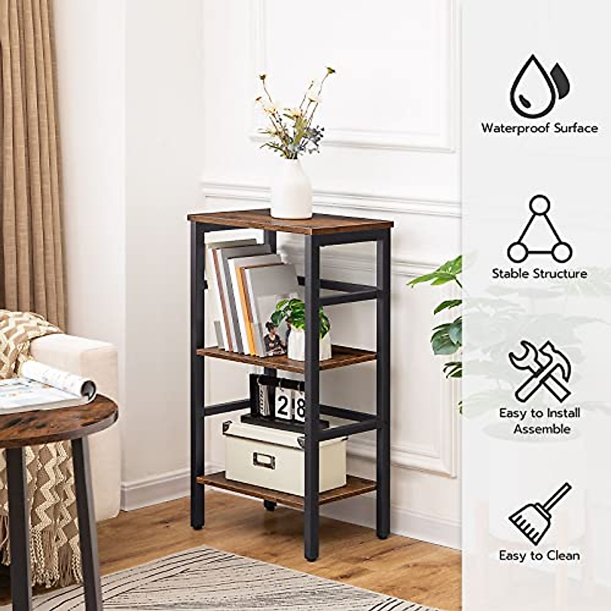 HOOBRO 3 Tier Bookshelf, Record Storage Rack with Side Fence, Wooden Free-Standing Shelf Units, Narrow Display Shelf for Living Room, Bedroom,Classroom, Rustic Brown BF80CJ01