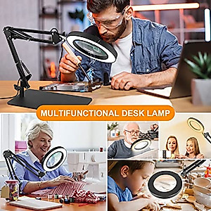 Magnifying Glass with Light and Stand, EOOKU 2-in-1 Magnifying Lamp & Clamp, 5X & 10X Magnifier 3 Color Modes Stepless Dimmable, Adjustable Swing Arm for Repair Crafts Soldering