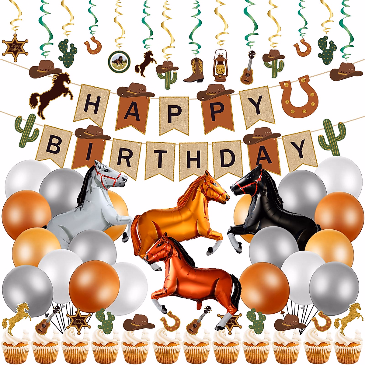 60PCS Cowboy Birthday Party Decoration Include 40 Inch Horse Shaped Foil Balloons Little Cowboy Happy Birthday Banner Cake Topper Hanging Swirls 12 Inch Latex Balloons for Western Party (Retro Style)