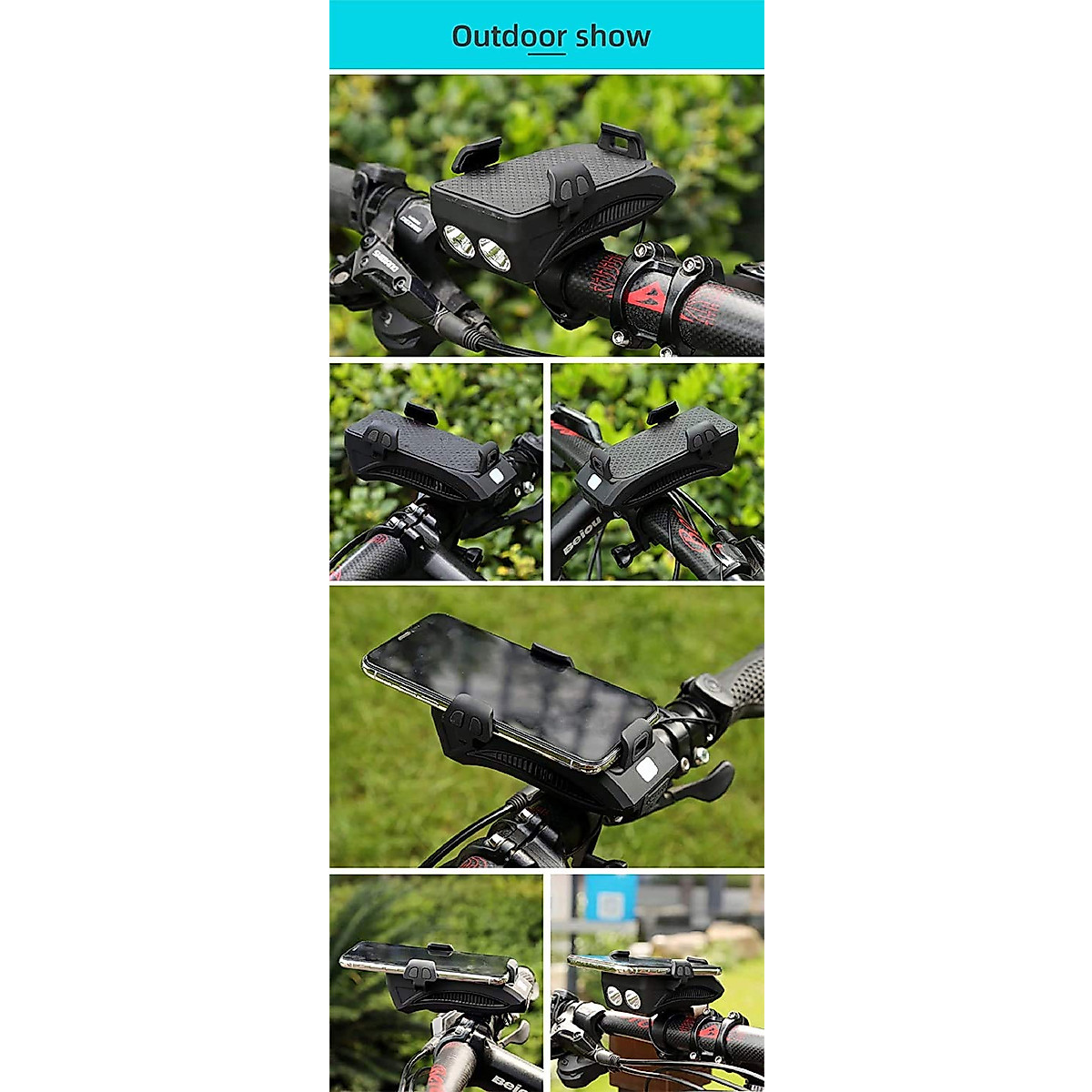 4-In-1 Bike Headlight, BessieSparks - Bicycle Horn, Phone Holder, USB Rechargeable Power Bank, Waterproof Adjustable Shock-Absorbing with LED Light & Horn, for 4 to 6.6 inches Phone