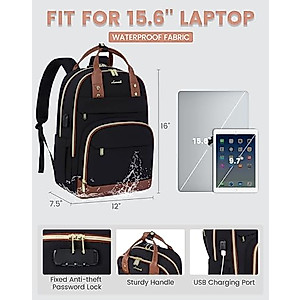 LOVEVOOK Laptop Backpack for Women, Large Capacity Travel Work Bags, Anti-theft Business Computer Backpacks Purse with 15.6 Inch Laptop Compartment, Casual Hiking Daypack, Black-Brown