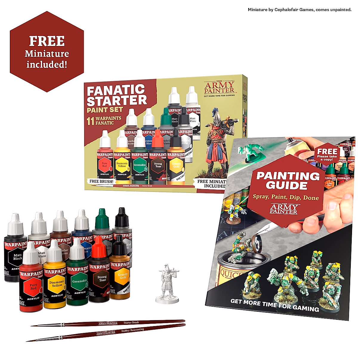 The Army Painter Warpaints Fanatic: Starter Set Combo, 11 paints: 7 acrylic colours, 2 Metallics, 1 Wash, 1 Brush-On Primer, 1 Basecoating Brush, Plus 1 Free Miniature figure and Starter Brush