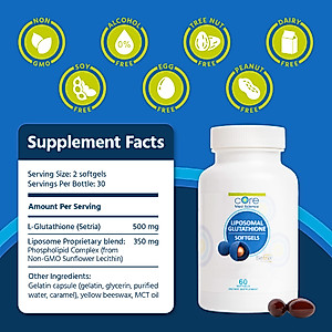 Core Med Science Liposomal Glutathione Supplement (500mg, 60 Softgels) - Pure Reduced Setria with Phospholipid Complex - Antioxidant Supplement for Energy, and Skin